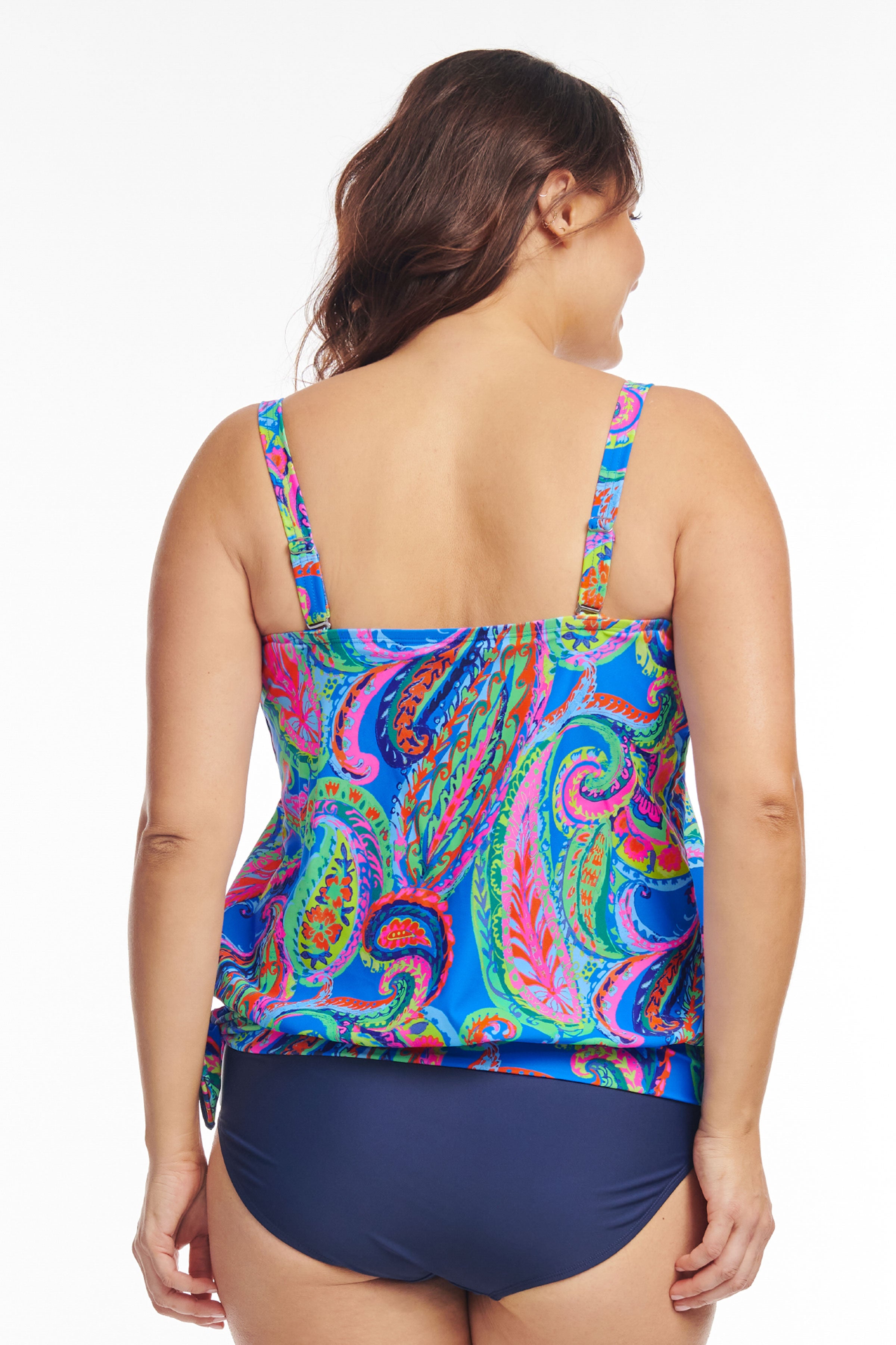 Plus Size Draped Blouson Tankini Top in French Paisley Blue – Mazu Apparel